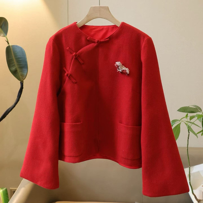 可可-款上衣复古高级长袖打底衫小衫(配装饰)（含100羊毛）M25037