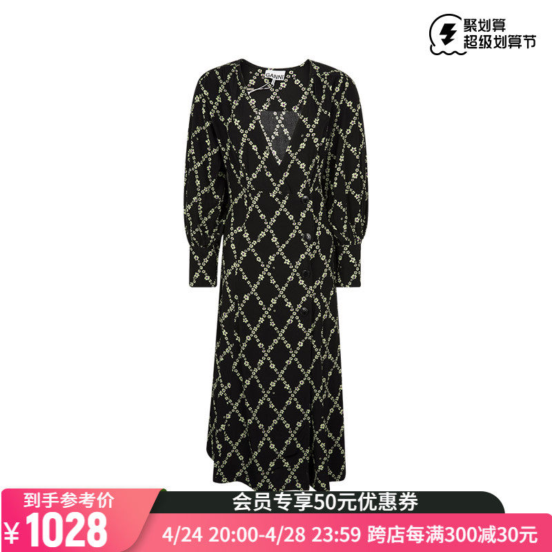 GANNI女士小花朵图案交叉排列长袖连衣裙中长裙_虎窝淘