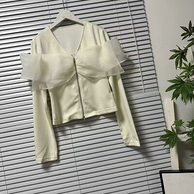 1027-20法式复古V领设计款网纱蝴蝶结拉链衫洋气天丝混纺短款外套