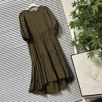 1222-17美拉德风格纹泡泡袖人丝连衣裙女中长款大摆宽松显瘦A字裙