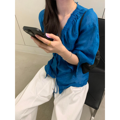 RS.WHMT】复古小众褶皱v领苎麻抽绳设计感长袖衬衫  B2556#  HJY