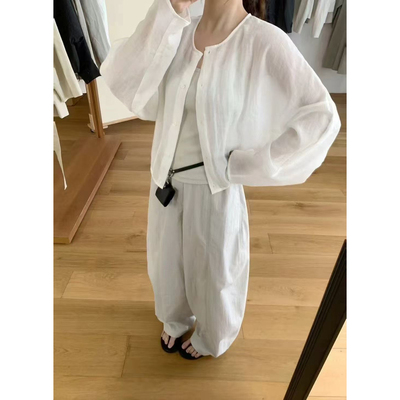 IU ROOM 韩系纯色防晒衬衫百搭圆领单排扣外套慵懒风上衣  5165