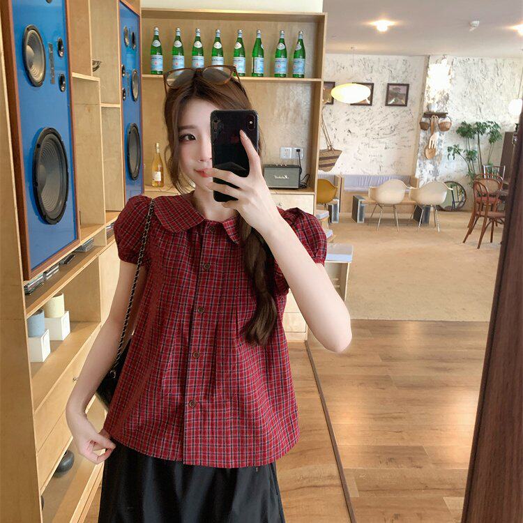 实拍 夏新款韩系甜美减龄娃娃领格纹衬衫女出游拍照氛围感上衣