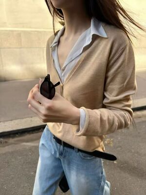 现bubble韩代 london flat V领卷边宽松针织衫实体秒发假一赔十