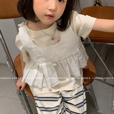 现货【Gou】懒鼠韩国童装26春款女童做旧毛须边超美叠搭背心上衣