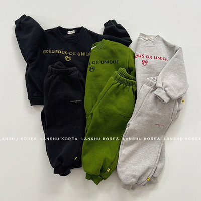 包邮【Gou】懒鼠韩国童装25冬款男女童字母卫衣卫裤加绒亲子套装