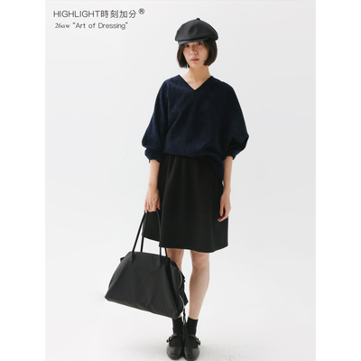 藏蓝雪尼尔V领宽松套头衬衫