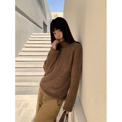 新款2025秋冬韩系复古高领t恤女磨毛条纹打底衫上衣女m3853