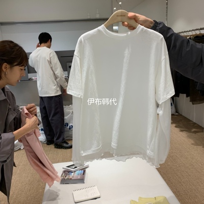 圆领纱网袖子假两件宽松T恤