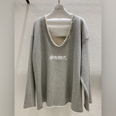 V领毛边做旧休闲宽松卫衣