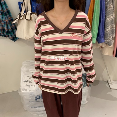 春款V领彩色条纹宽松字母长袖T恤