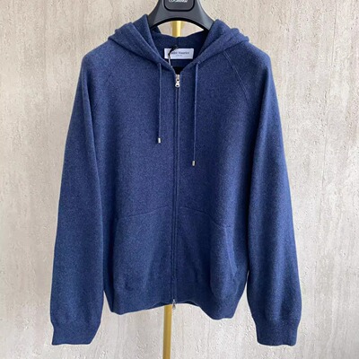 蓝色连帽开衫男士100%羊绒