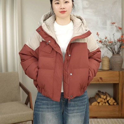 冬季新款连帽拼接90鸭绒宽松保暖长袖短款羽绒服 3130