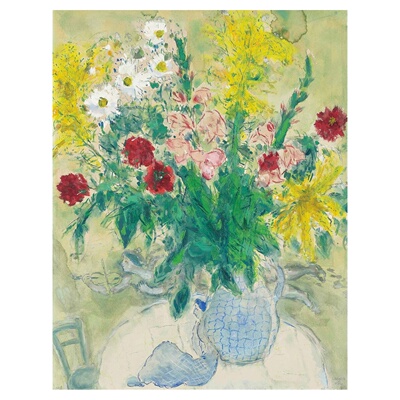 夏加尔装饰画 蓝色花瓶里的花 Chagall 法式抽象浪漫静物竖款挂画