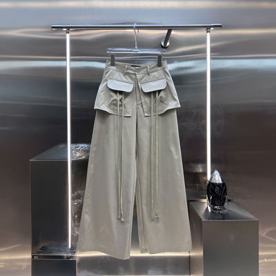 NKC.欧洲站小众高腰设计感直筒休闲长裤假两件屁帘飘带工装阔腿裤