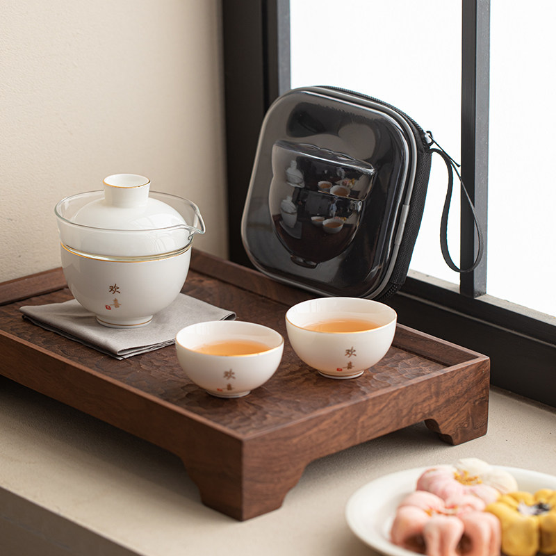 白瓷旅行茶具套装一壶三杯便携式快客杯户外露营泡茶壶茶杯