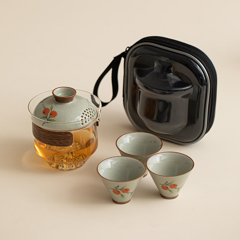 向行哥窑手绘高端女士旅行茶具便携式功夫茶具泡茶壶茶杯收纳包