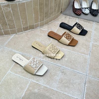 FQ3 实拍THE BULAGE一字带露趾软底防滑方头拼接休闲外穿平跟鞋拖