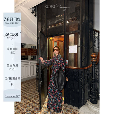 RRB Design 修身显瘦圆领花色长袖连衣裙气质大摆裙优雅花朵长裙