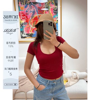 RRB Design 修身显瘦V领纯色高弹短袖T恤简约百搭打底上衣