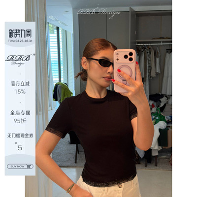 RRB Design 莱赛尔混纺修身显瘦圆领蕾丝花边高弹短袖T恤上衣