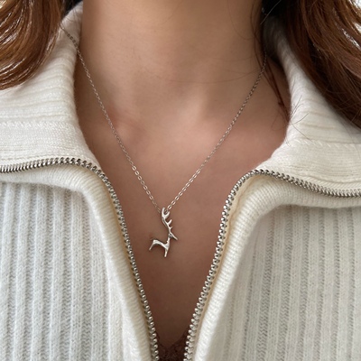 925纯银森系立体小麋鹿项链仙气毛衣链精致锁骨链圣诞节礼物饰品