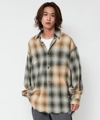 日单潮牌FREAKS STORE宽松版型全棉水洗漂白渐变格纹长袖衬衣