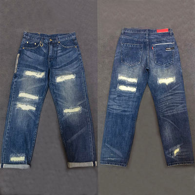 直筒宽松牛仔裤赤耳丹宁水洗破坏