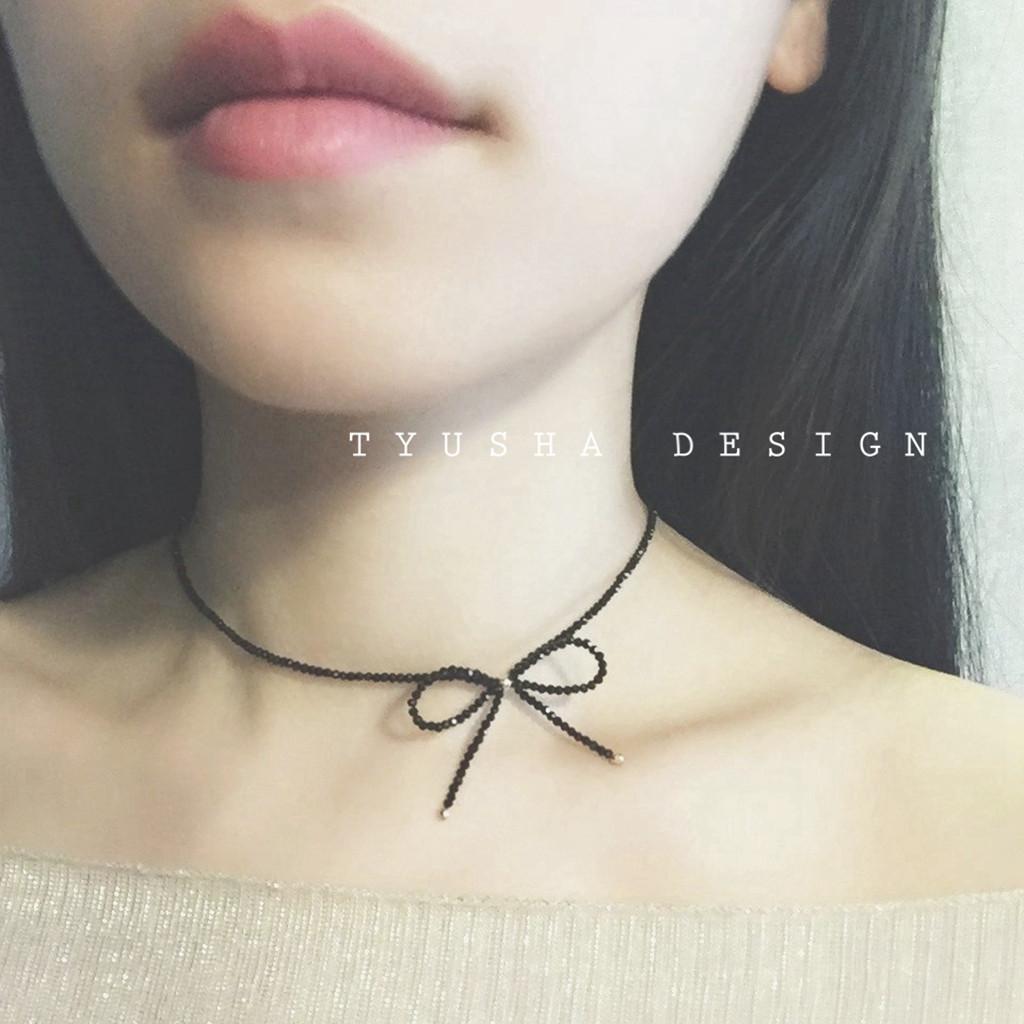 TYUSHA天然黑色尖晶石蝴蝶结项圈项链手链奥地利水晶14K注金超闪_虎窝淘