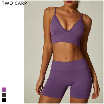 TWO CARP内衣无缝螺纹瑜伽服套装女 性感深V运动文胸提臀短裤健身