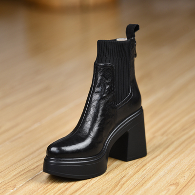 misili欧美粗跟防水台真皮短靴