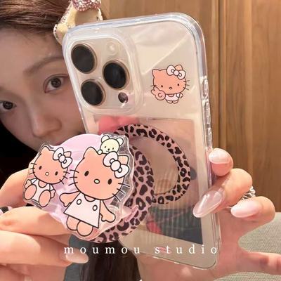 豹纹黑皮凯蒂猫磁吸支架适用iPhone15promax苹果16pro手机壳13防摔141211全包17promax新款xsxr女78plus卡通