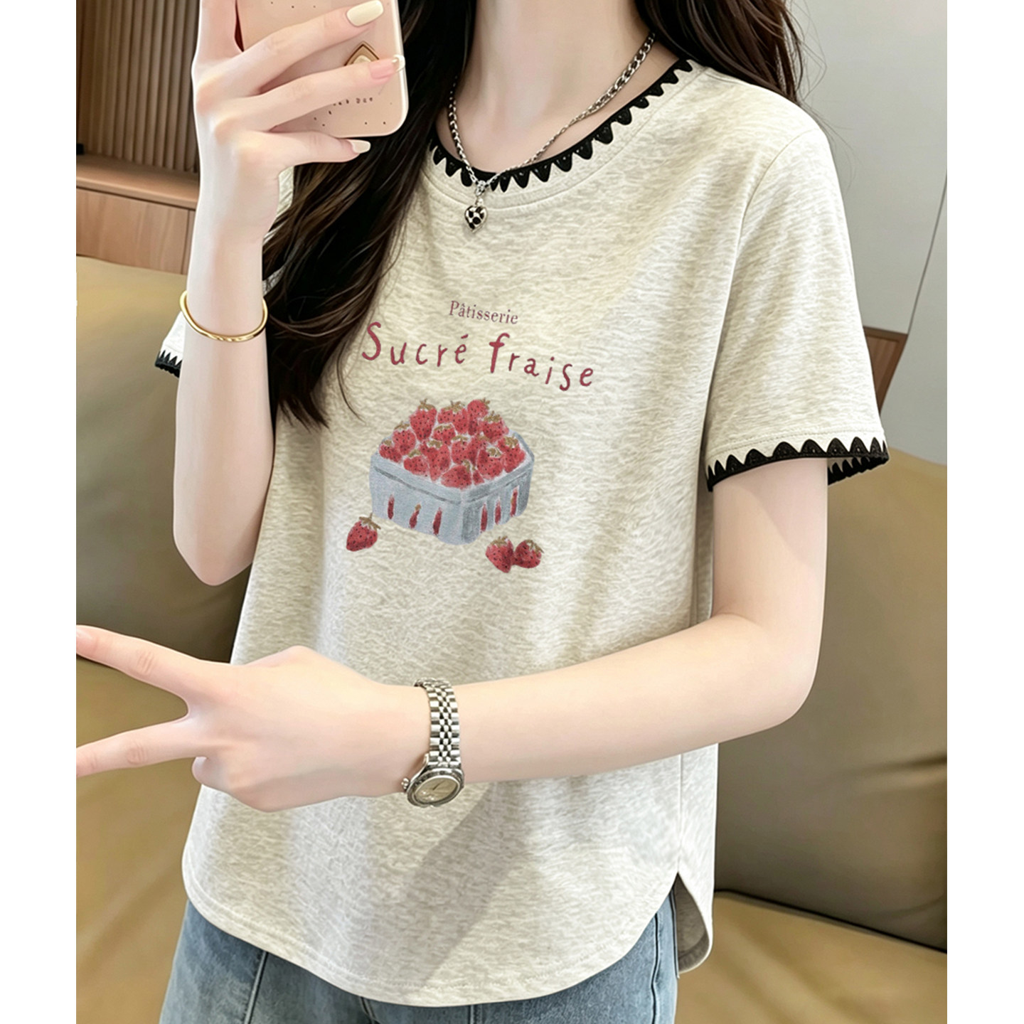 洋派百搭弧形下摆T恤女短袖2026夏新款韩版纯棉别致洋派上衣女潮