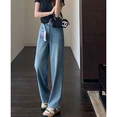 AMR UU◆版型正 显腿长高腰窄版浅蓝色阔腿牛仔裤女春夏2026新款