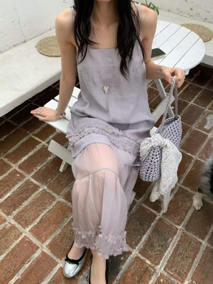 泡菜韩货 韩国FairyWoo 26夏法式浪漫蕾丝拼接层叠长款吊带连衣裙