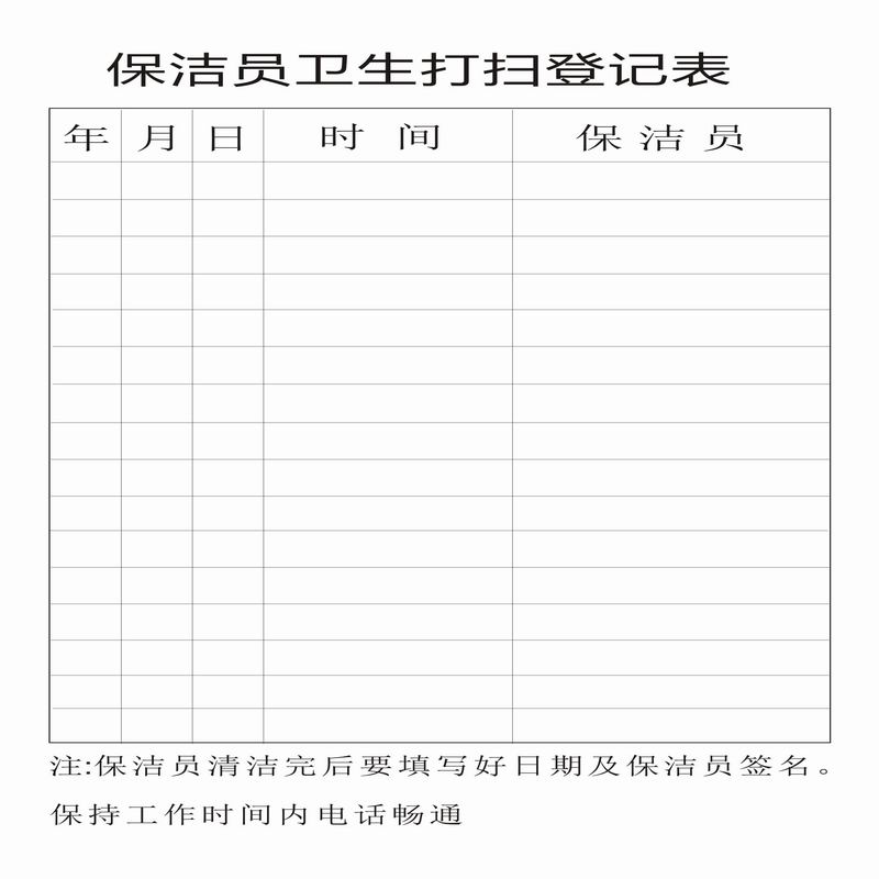 保洁员工作记录卫生打扫登记表,物业清洁管理,卫生间保洁卡