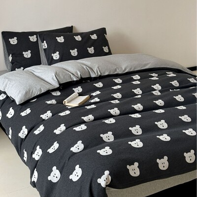 日式小熊A类婴幼儿裸睡全棉色织提花针织棉四件套加厚天竺棉床笠