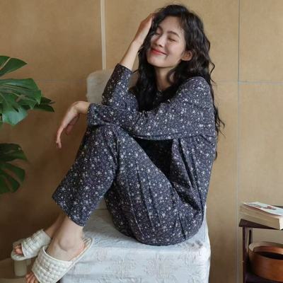A类复古小碎花女士家居服全棉针织棉短袖睡衣套装宽松七分裤睡裙