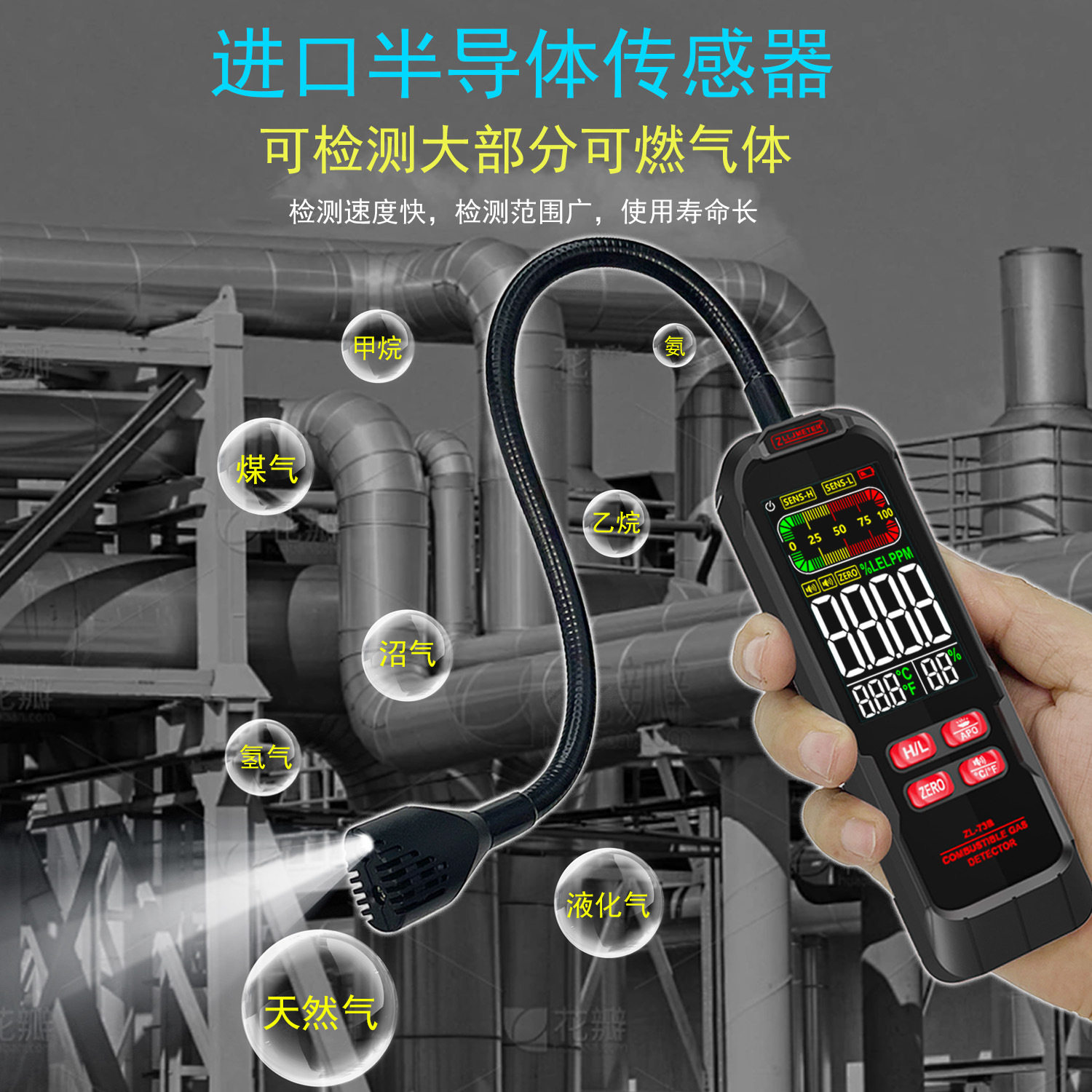 ZL76A/76B可燃气体检测仪家用厨房燃气管道泄漏浓度报警器测漏仪