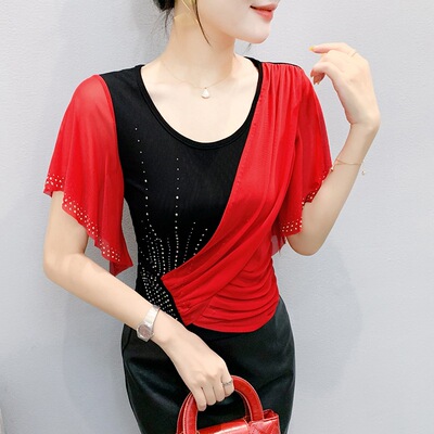 YX-819夏季新款网纱时尚撞色拼接重工荷叶边烫钻百搭短袖女上衣
