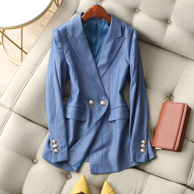 宝蓝色条纹双排扣长袖西装外套春