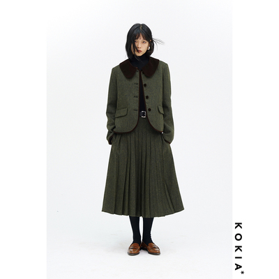 KOKIA丝绒领羊毛人字呢箱形外套
