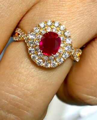 2万多 18k黄金天然钻石1克拉缅甸鸽血红宝石戒指AIGS甜美玻璃体