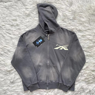 HELL STUDIOS胸前小LOGO洗水做旧灰色开衫连帽拉链男卫衣外套