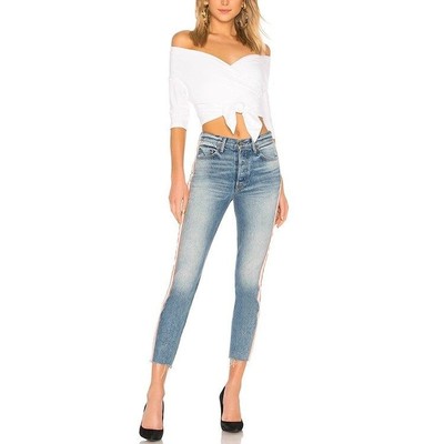 清仓现货 GRLFRND白竖条高腰浅蓝色毛边显瘦紧身九分小脚牛仔裤女