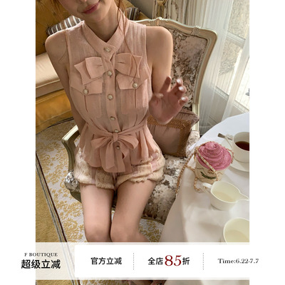 F boutique「桃桃奶芙」100%亚麻华夫格小香蝴蝶结无袖圆领衬衫