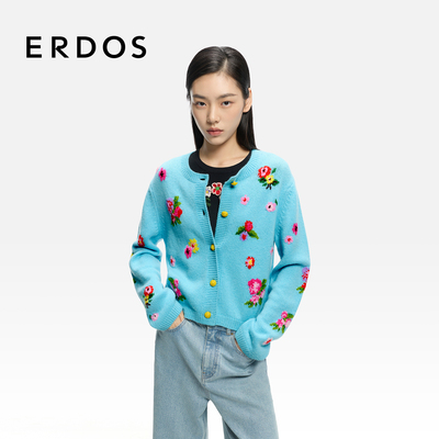 ERDOS 多巴胺提花女士圆领羊绒衫26年早春新品花朵手缝扣装饰外套