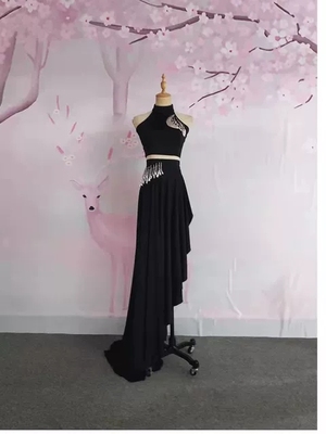 傣族舞蹈服现代大摆裙黑色开叉花腰练功长裙表演儿童女艺考演出服