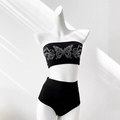 蝴蝶烫钻抹胸heels防走光短上衣jazz高弹性感黑色裹胸内衣爵士舞