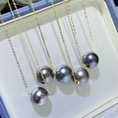 G18k金路路通项链，11-10mm天然原色海水大溪地黑珍珠，珠光熠熠